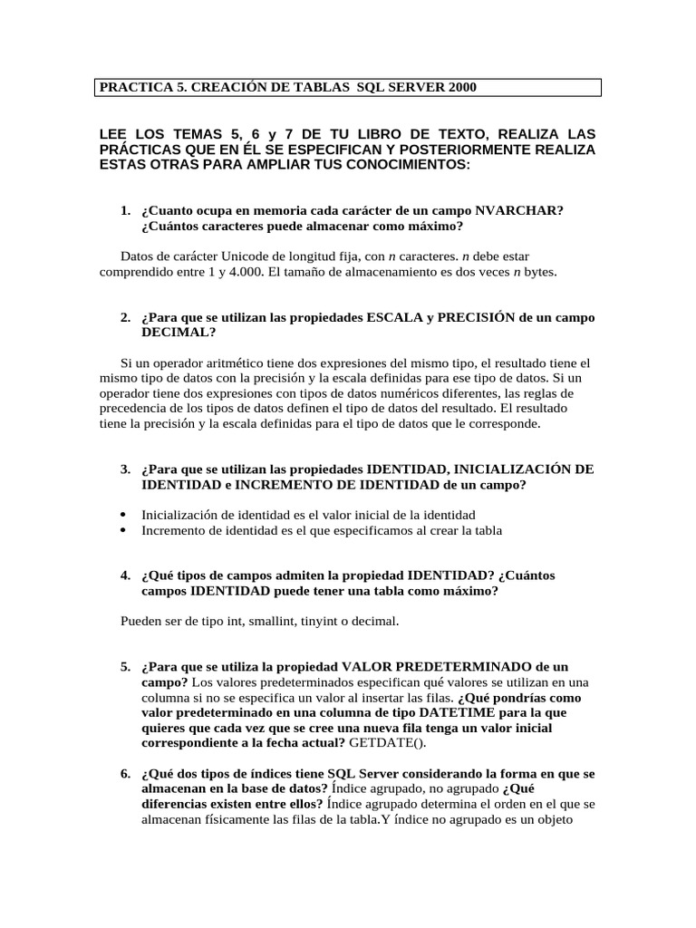 Practica 5 SQL Server 2000 | PDF | Tipo de datos | Servidor SQL de Microsoft