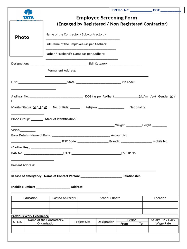Employee Screening Form Template | PDF | Employment | Authentication