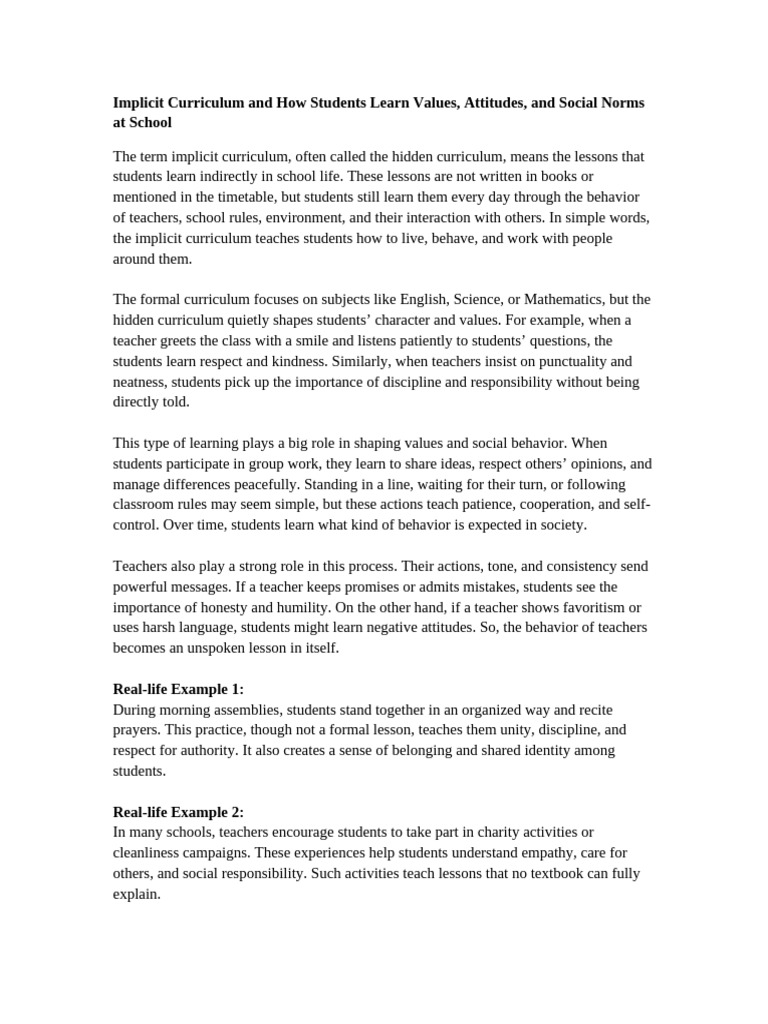 Implicit Curriculum Assignment EDU402 | PDF | Teachers | Curriculum