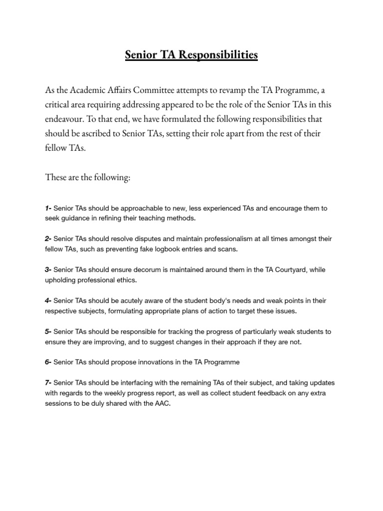 Senior TA Responsibilities Overview | PDF