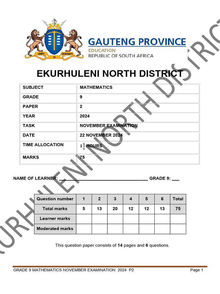 Grade 9 Mathematics Exam Paper 2024 | PDF | Area | Volume