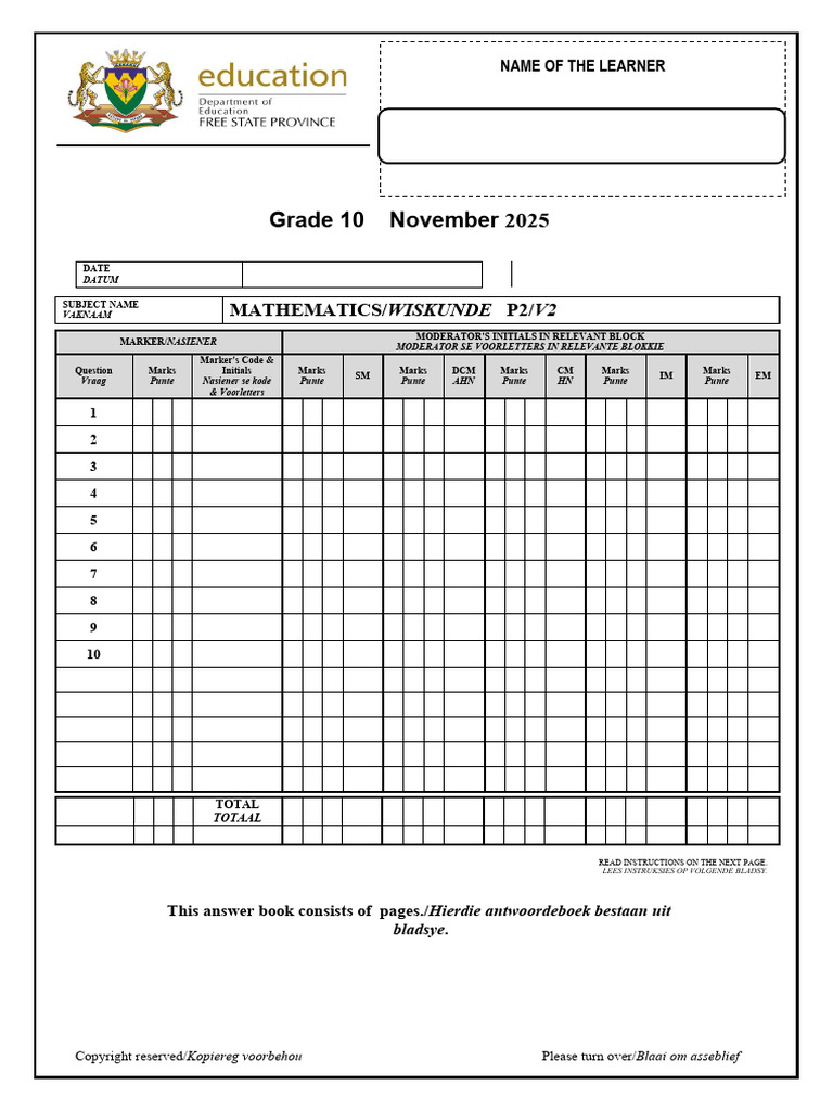 GR 10 Mathematics P2 Answer Book | PDF
