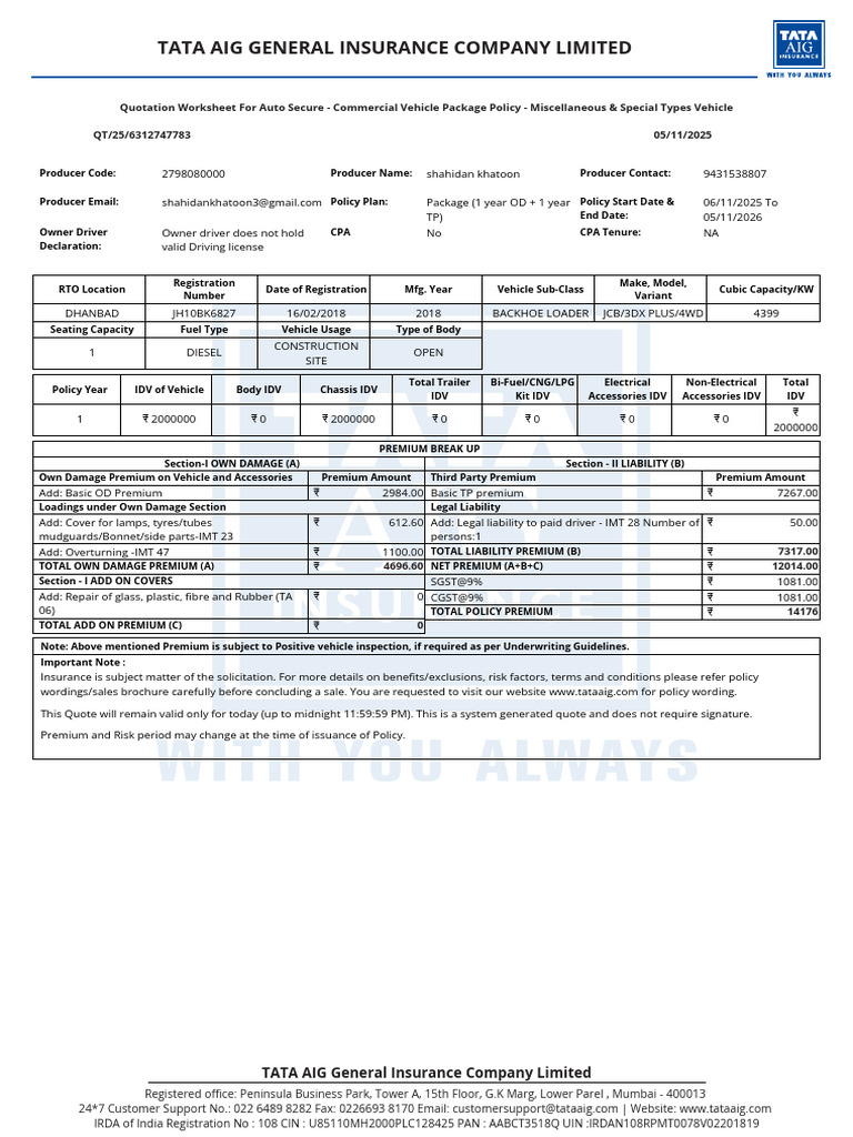 Tata AIG Motor Premium Quote 3191 QT 25 6312747783 | PDF | Insurance ...