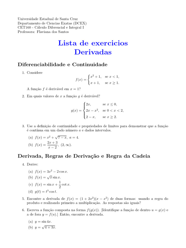 Lista 1 - Derivadas | PDF | Cálculo | Analise matemática