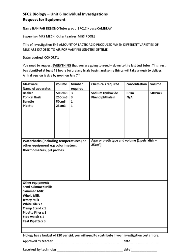 Lactic Acid in Milk: Equipment Request | PDF