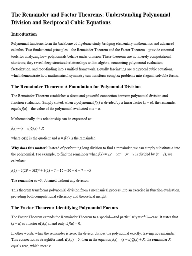 The Remainder and Factor Theorems - Understanding Polynomial Division and Reciprocal Cubic ...