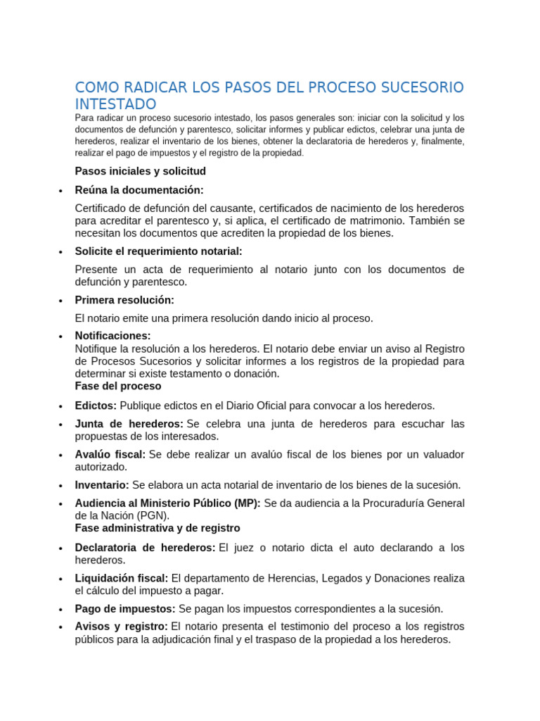 Pasos para el Proceso Sucesorio Intestado | PDF | Herencia | Intestacy