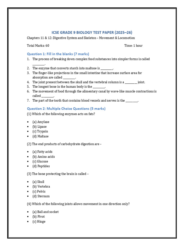 ICSE Grade 9 Biology Test: Digestion & Skeleton | PDF | Digestion ...