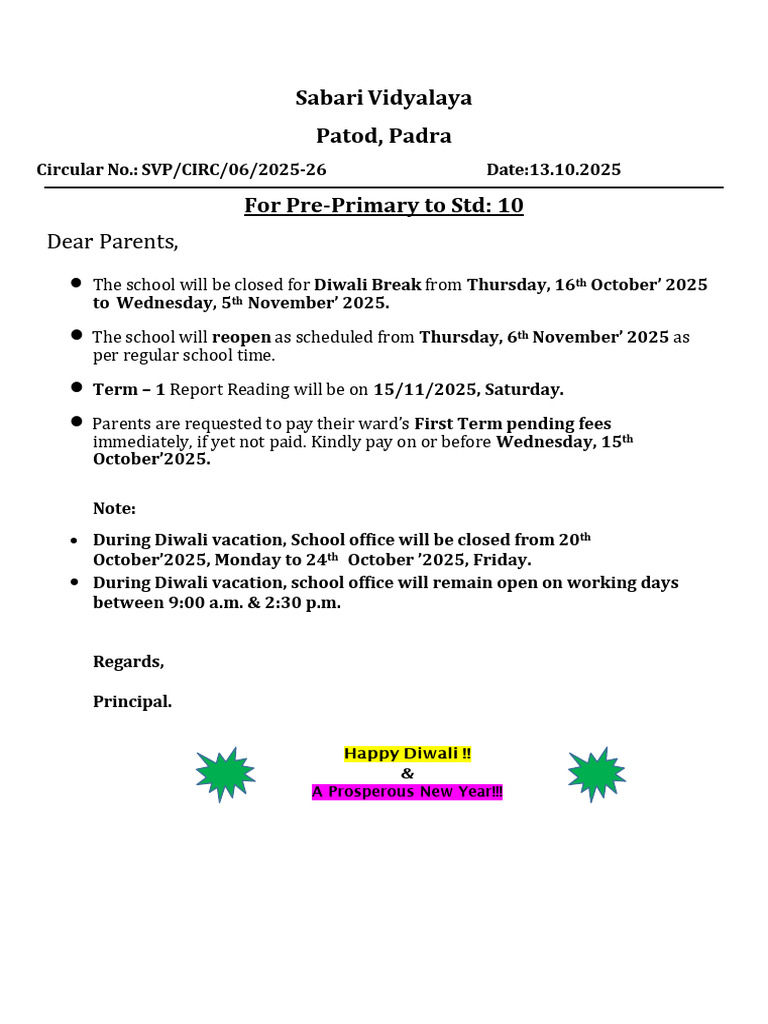 Diwali Break Circular | PDF
