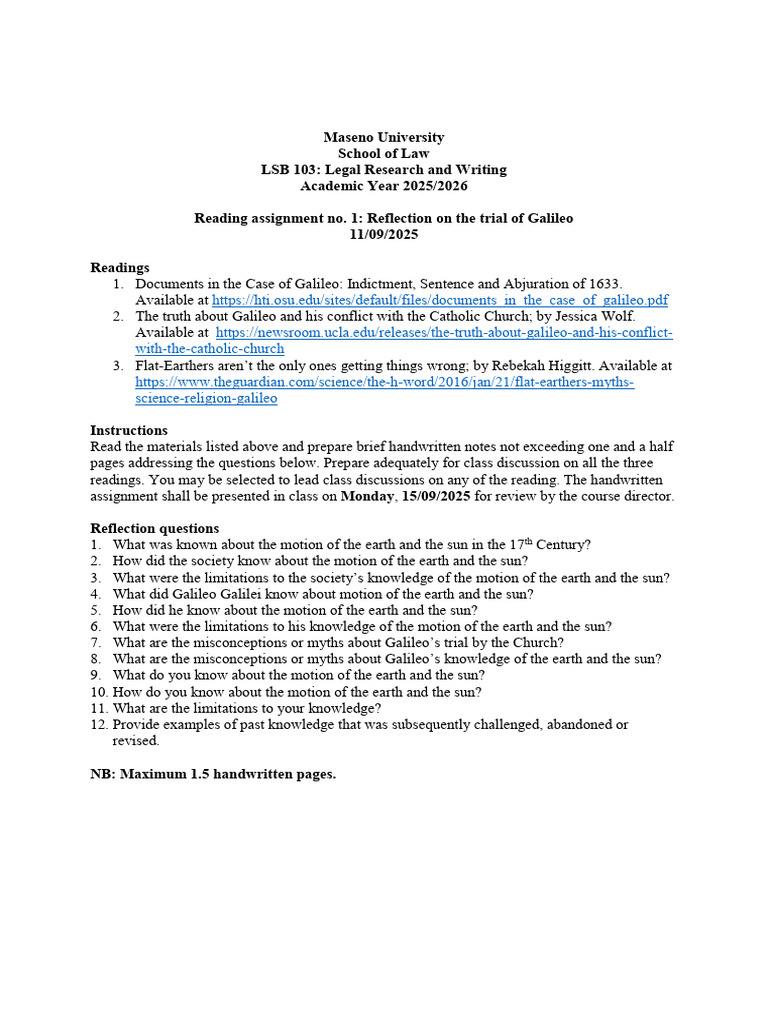 Reading Assignment No 1 Reflection On The Trial of Galileo | PDF
