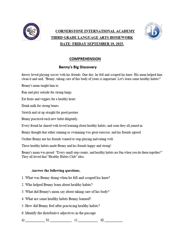 Language Arts Friday September 19 2025. Homework | PDF