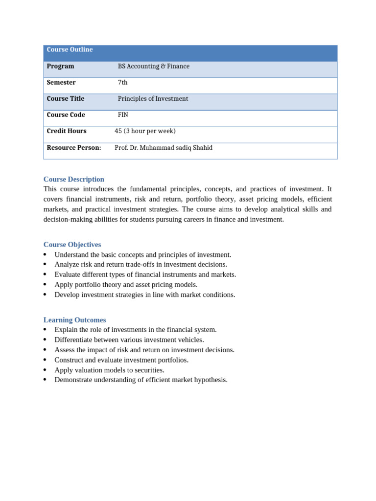 Course Outline Principles of Investment. | PDF
