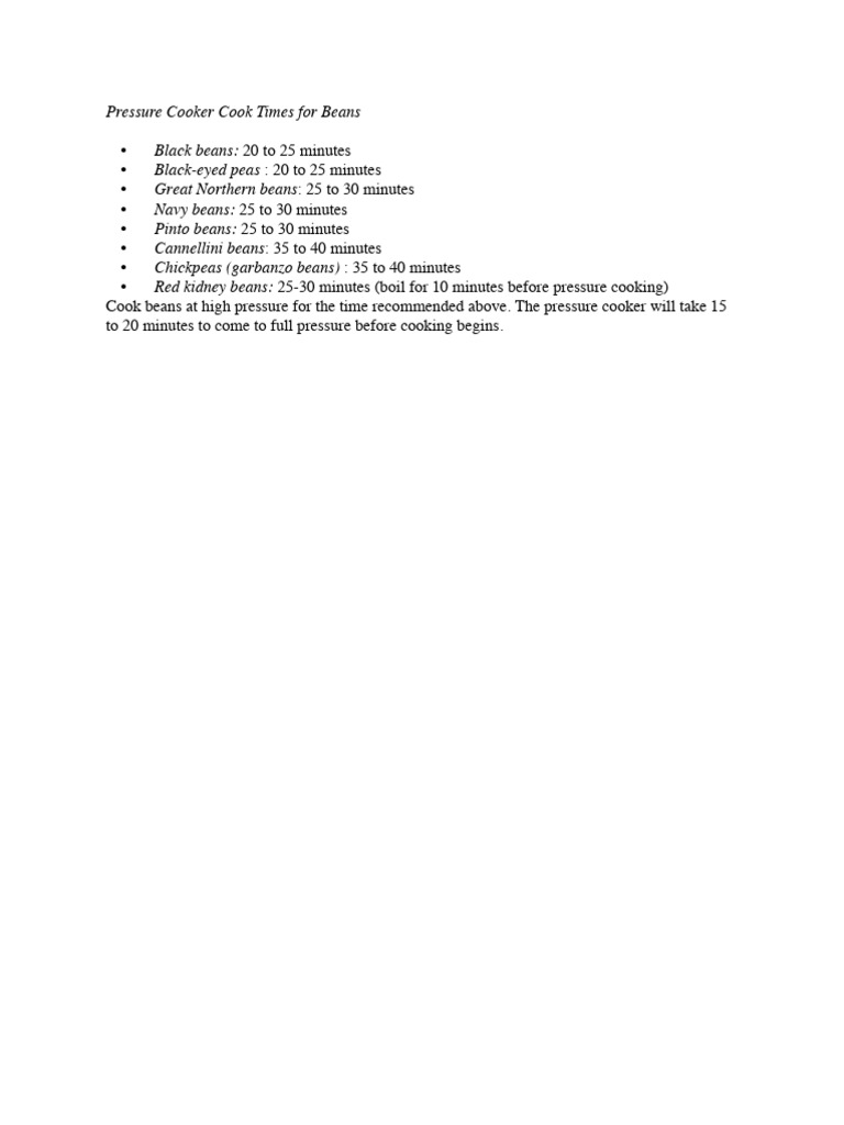 Pressure Cooker Cook Times For Beans | PDF