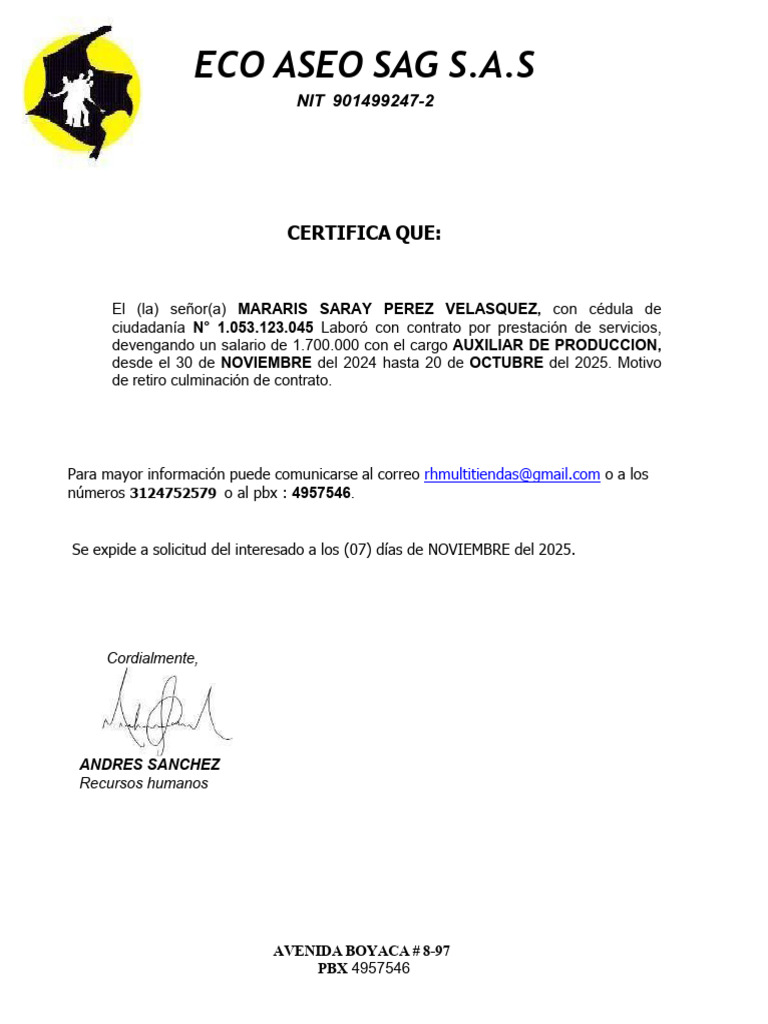 Certificado Eco Aseo - Docx Mararis Saray Perez Velasquez | PDF