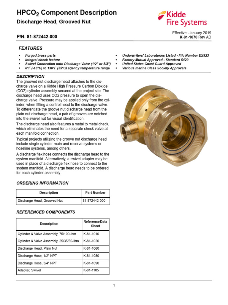 Kidde HPCO2 Grooved Nut Discharge Head K-81-1070 Rev AD | PDF | Valve ...