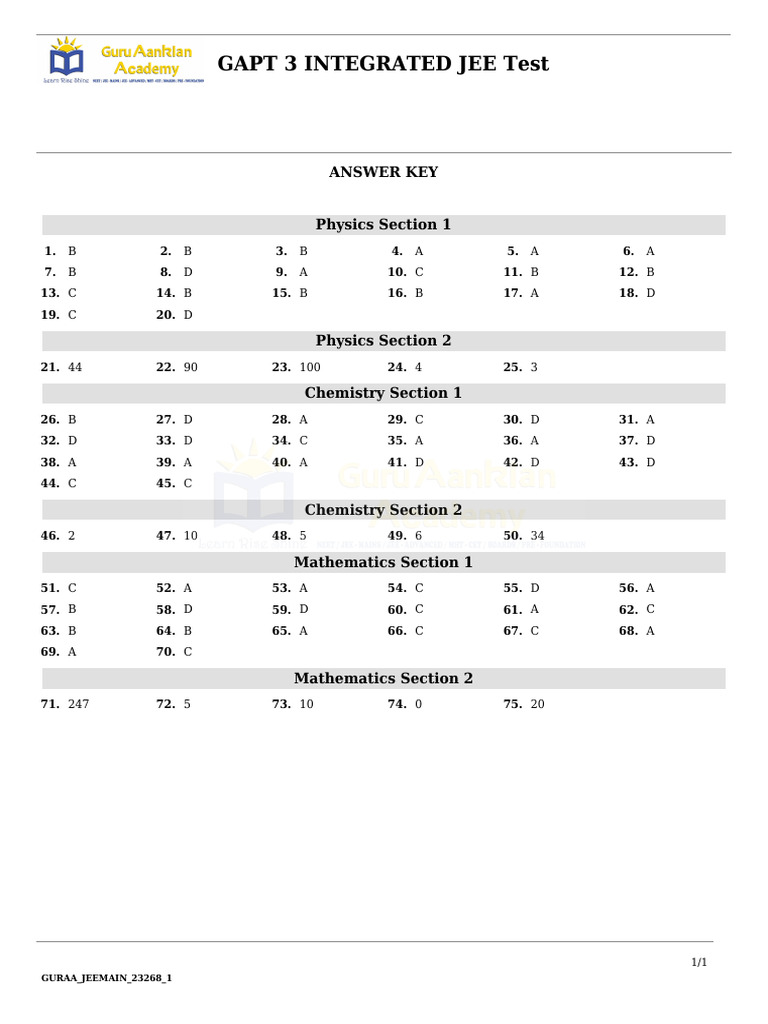 Gapt 3 Integrated Jee Test: Answer Key | PDF
