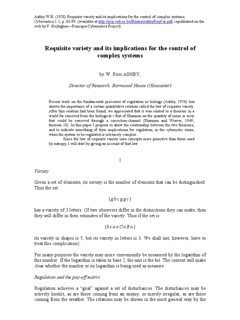 Cybernetics: Requisite Variety Explained | PDF | Entropy | Cybernetics