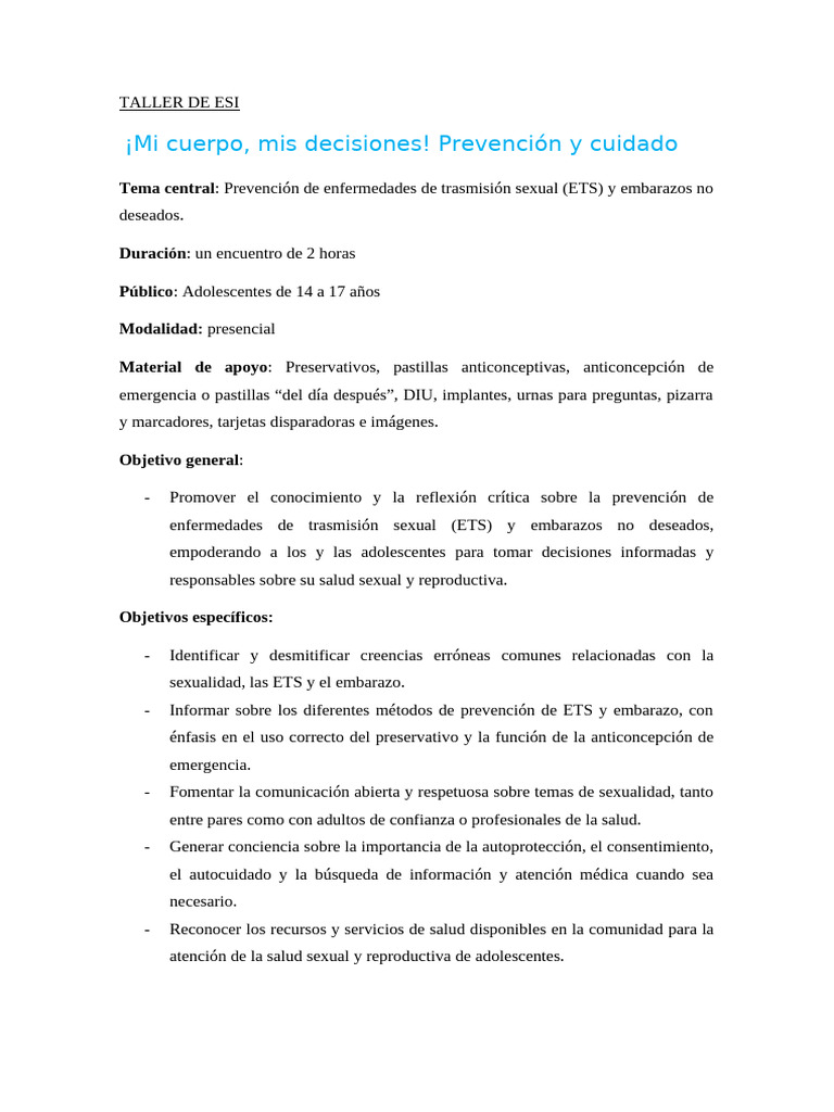 Taller de Esi | PDF | Control de la natalidad | Infección transmitida sexualmente