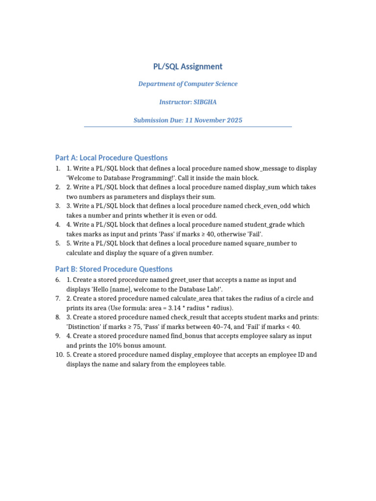 PL/SQL Assignment: Procedures & Functions | PDF