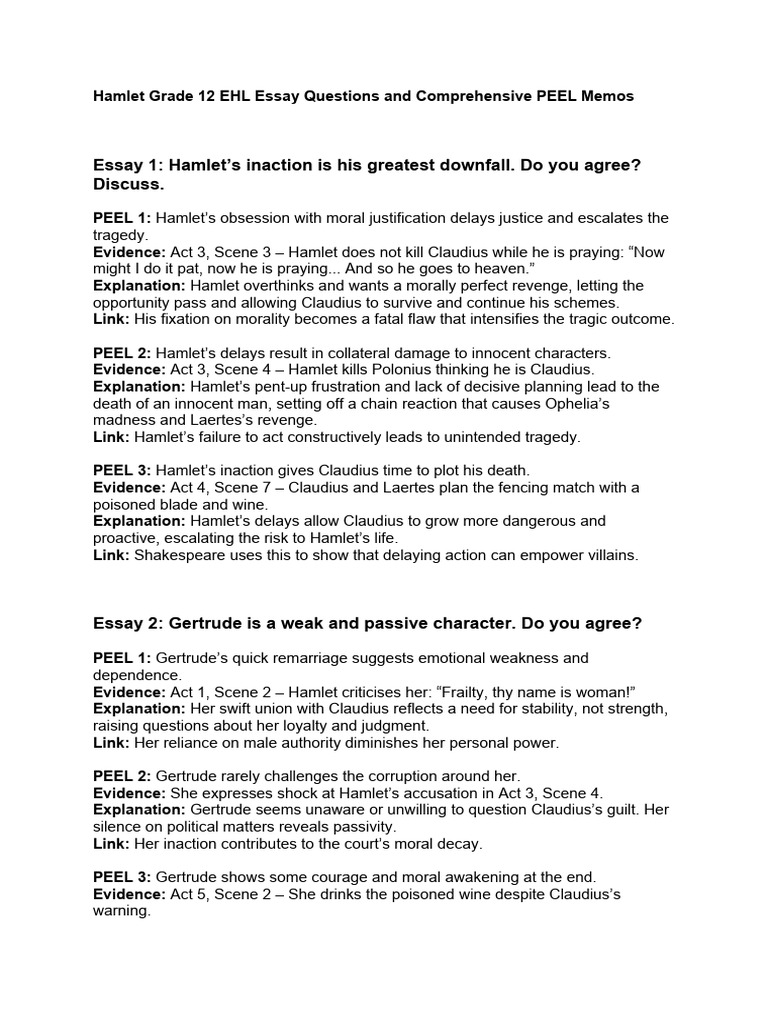 Hamlet Grade 12 EHL Essay Questions and Comprehensive PEEL Memos | PDF ...