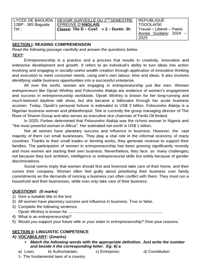 Devoir Du 1er Sem Ang TD 24-25 REF | PDF | Entrepreneurship | Linguistics