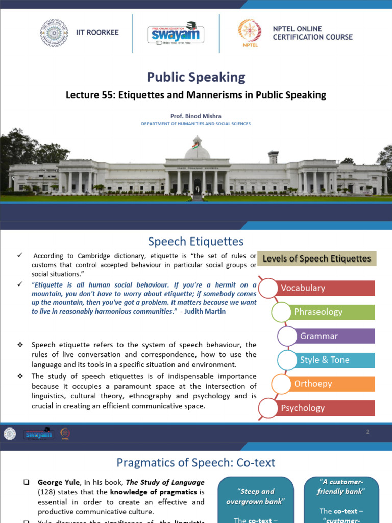 Lecture 55 Etiquettes and Mannerisms in Public Speaking | PDF ...