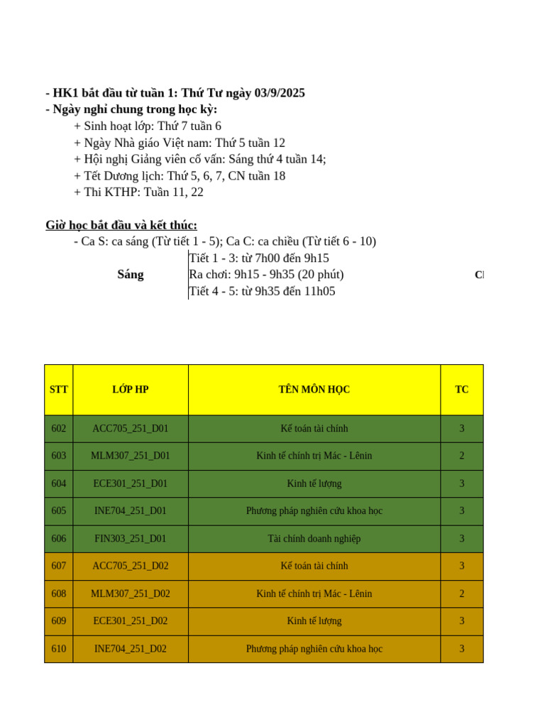 2_Lịch Giảng HK1-NH 25 26_DHCQ_dang Web | PDF