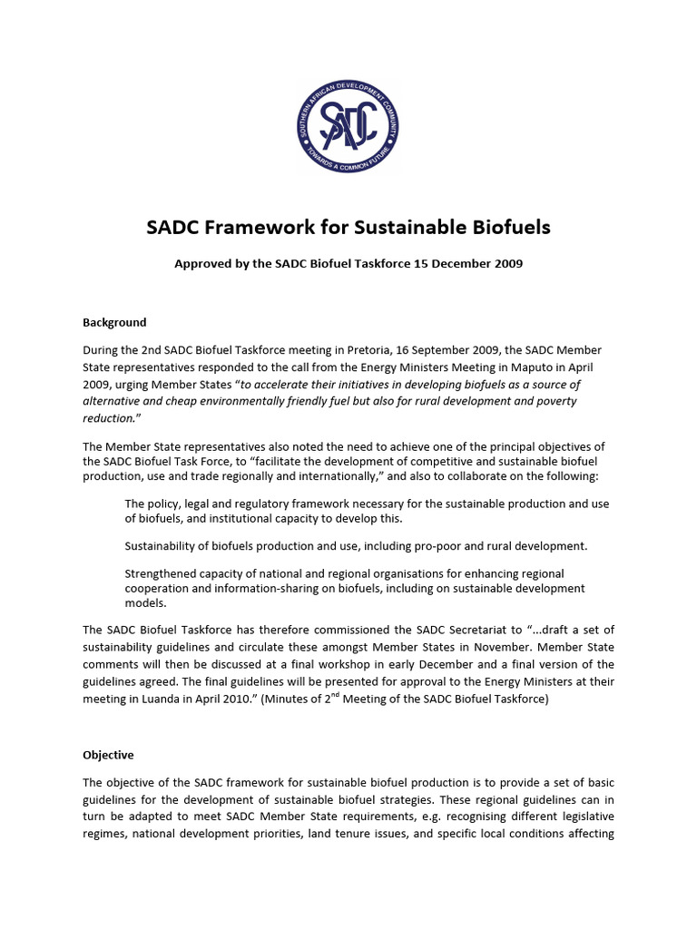 Annexure D SADC Framework for Sustainable Biofuels Dec 2009 | PDF ...