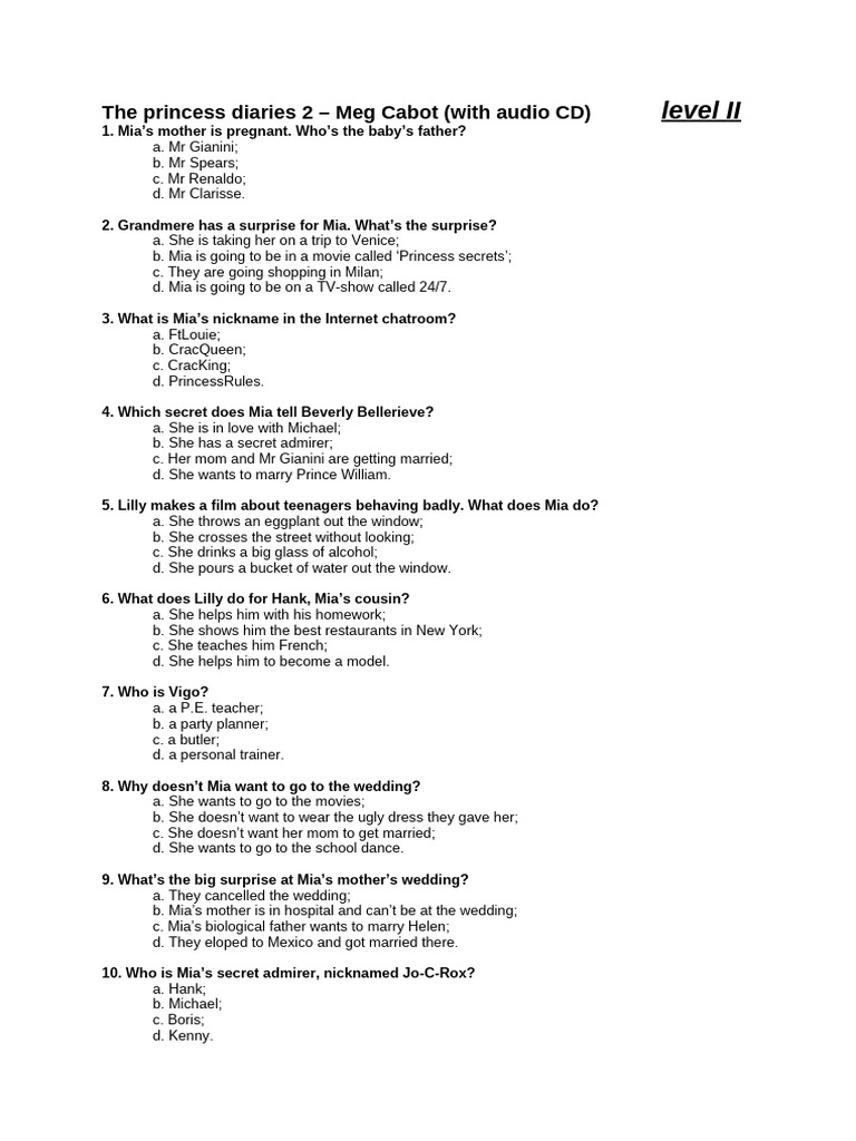 Princess Diaries 2 Quiz Questions | PDF