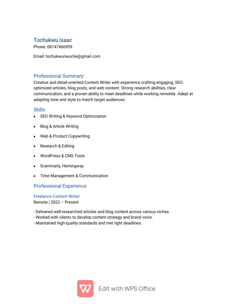 Tochukwu Isaac Content Writer CV | PDF