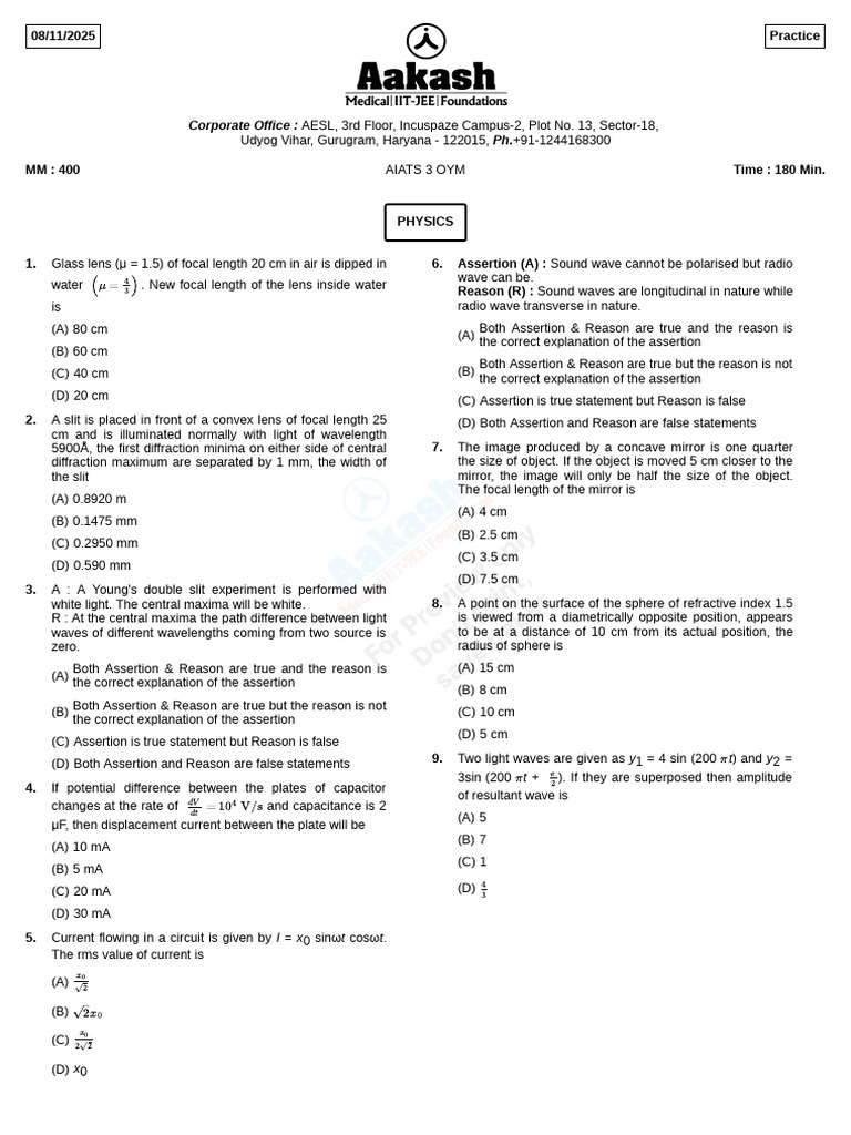 Physics Practice OYM | PDF | Waves | Refraction