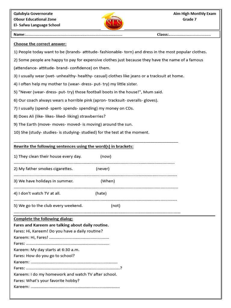 Monthly Exam Aim High g7 | PDF | Clothing | Fashion