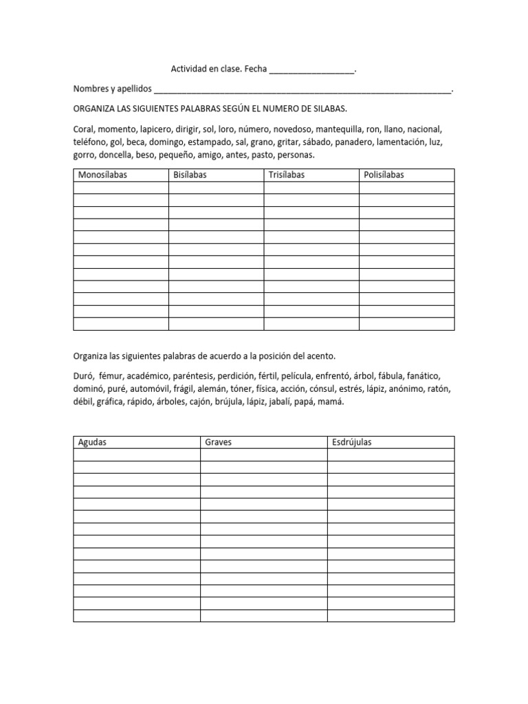 Organiza Las Palabras Segun El Numero de Silabas 2025 | PDF