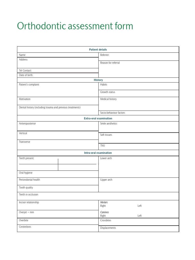 Orthodontic Assessment Form Template | PDF