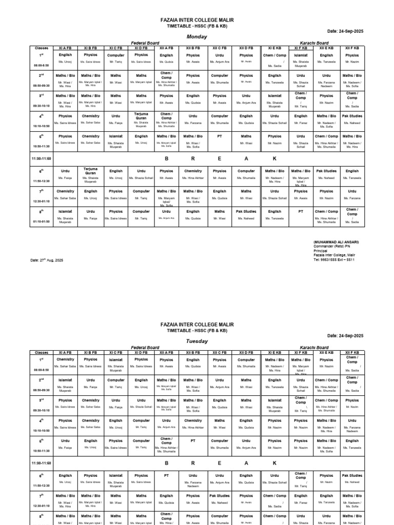 Timetable XI-XII 13 Sec Ms. Sofia Updated On 24-Sep-2025 - RUNNING-1 | PDF