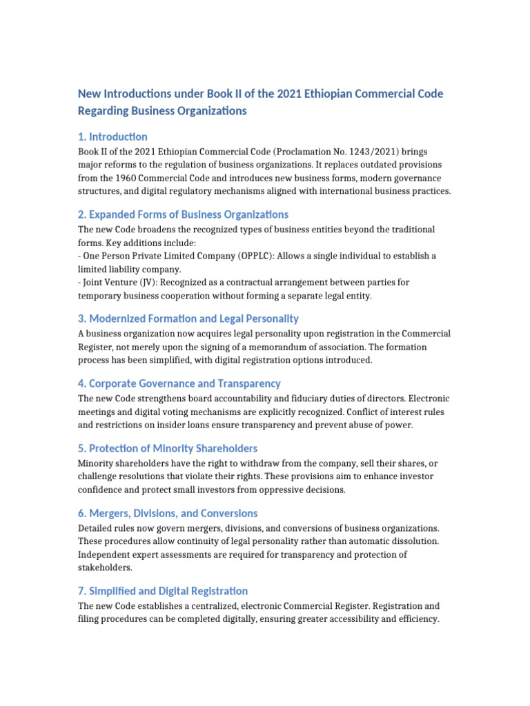 New Ethiopian Commercial Code Changes | PDF | Joint Venture | Governance