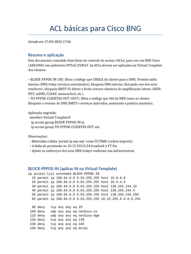 ACLs para Cisco BNG em PPPoE/CGNAT | PDF | Endereço de IP | Sistema de ...