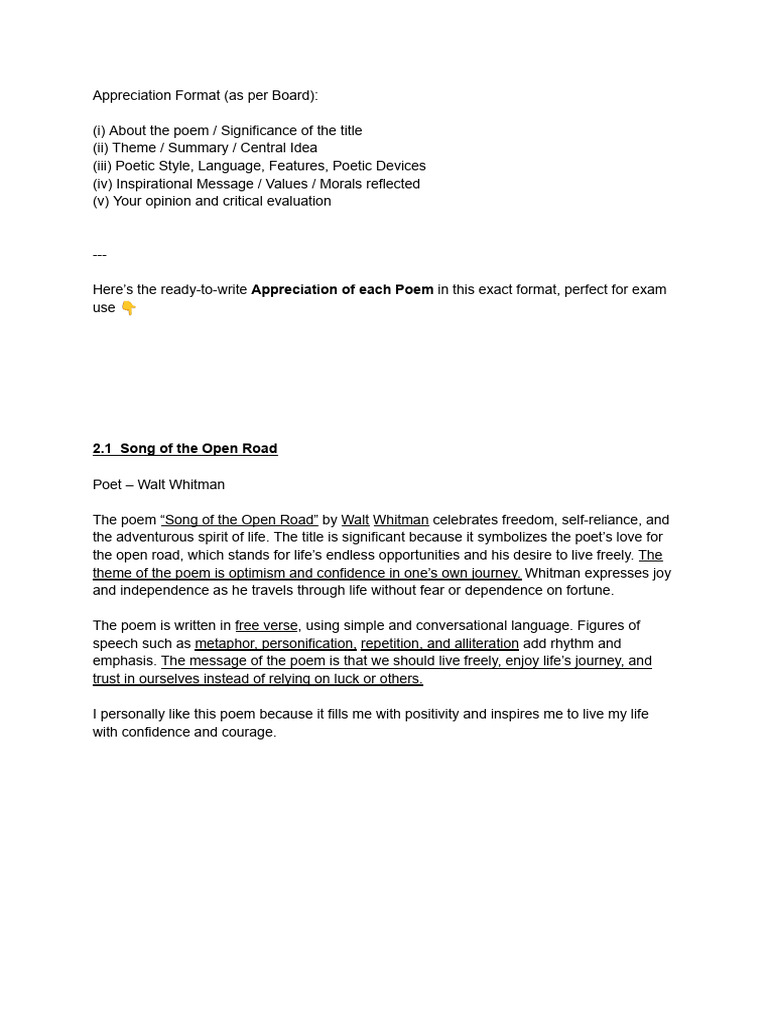 Poem Appreciation Guide: Themes & Analysis | PDF | Poetry | Beauty