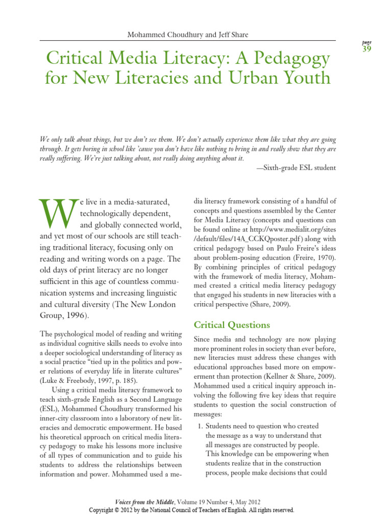 Critical Media Literacy A Pedagogy For New Literacies and Urban Youth ...
