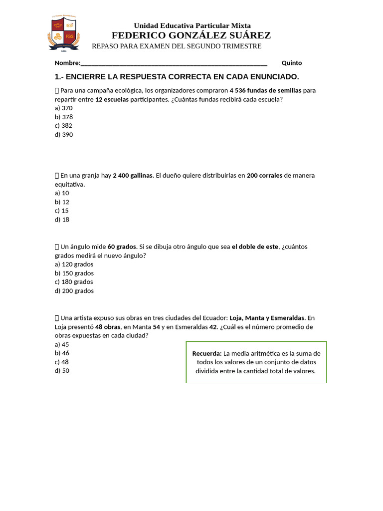 Repaso Examen 2do Trim 5to 3731761716712 | PDF | Matemáticas