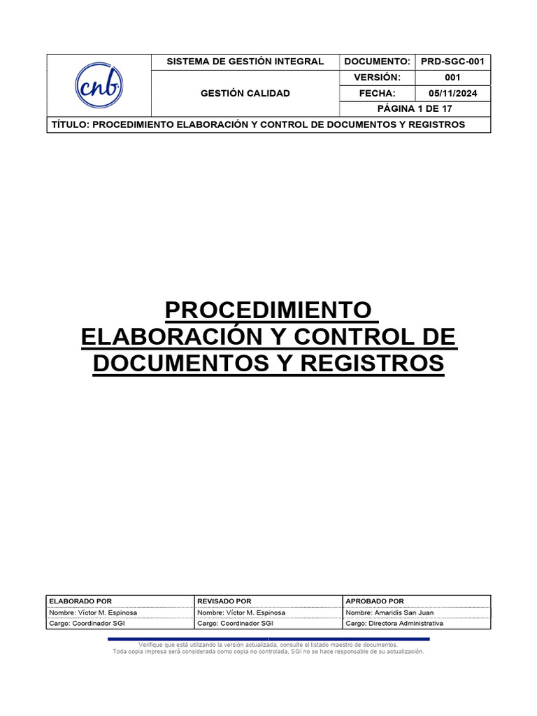 PRD-SGC-001 PD Elaboración y Control de Documentos y Registros Ver. 001 ...