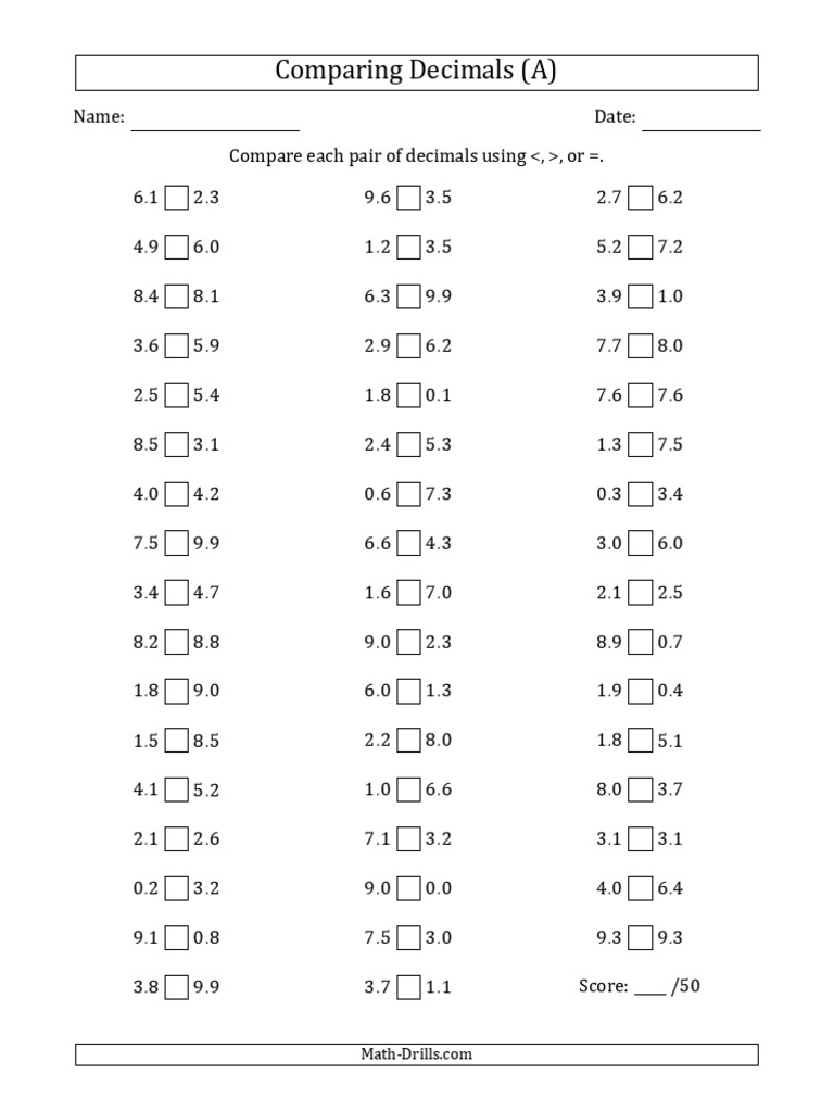 Comparing and Ordering Decimals Worksheet | PDF