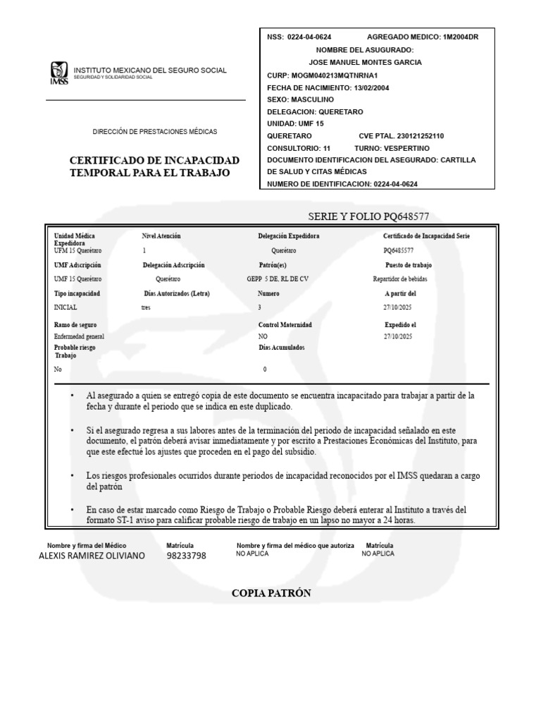 Certificado de Incapacidad Temporal IMSS | PDF