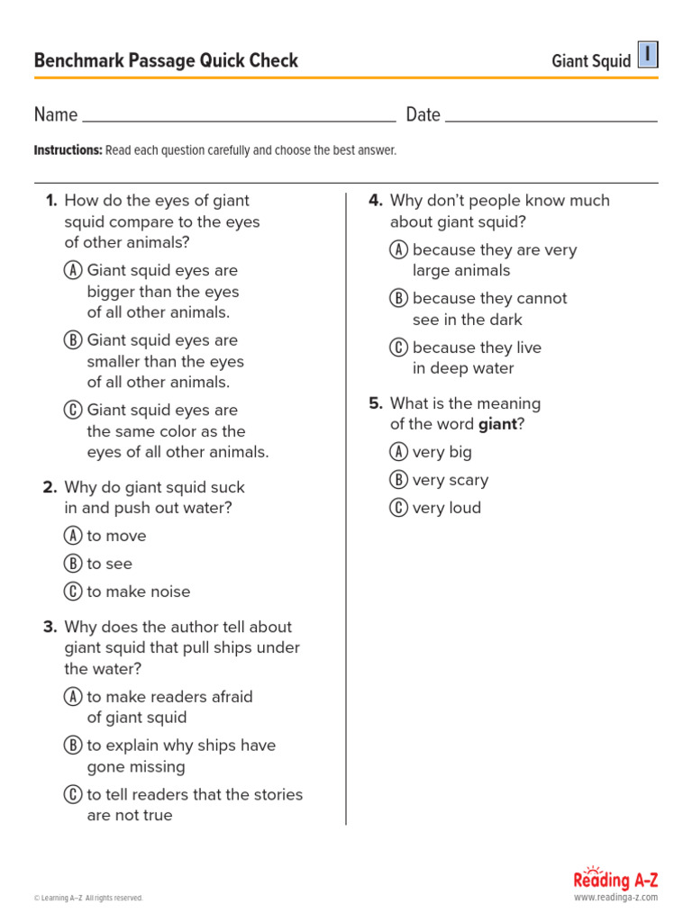 Giant Squid: Quick Check Questions | PDF