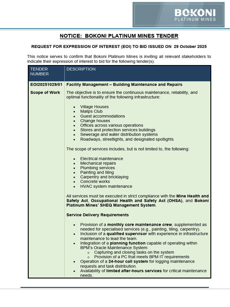 Bokoni Platinum Mines EOI for Maintenance | PDF | Business