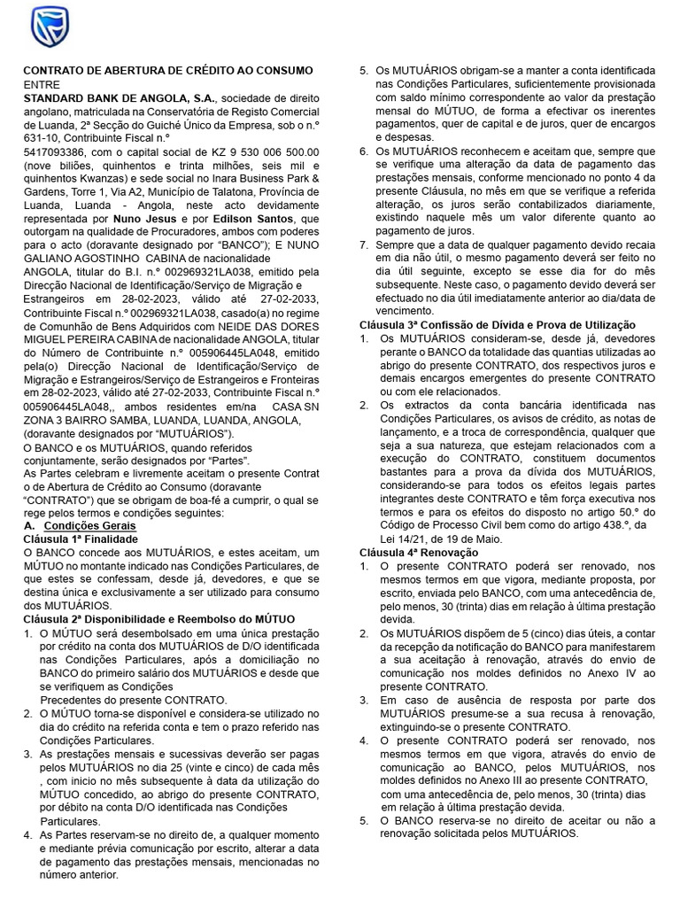 Contrato de Crédito ao Consumo Angola | PDF | Juros | Crédito