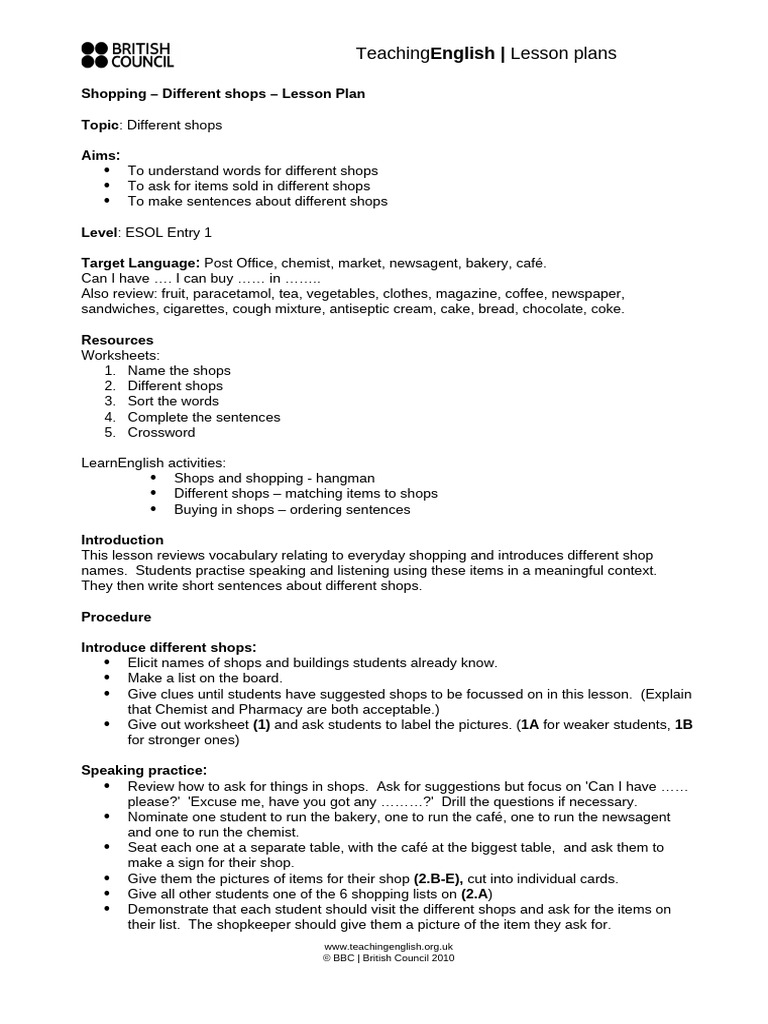 ESOL Lesson Plan: Shopping Vocabulary | PDF | Linguistics | Learning