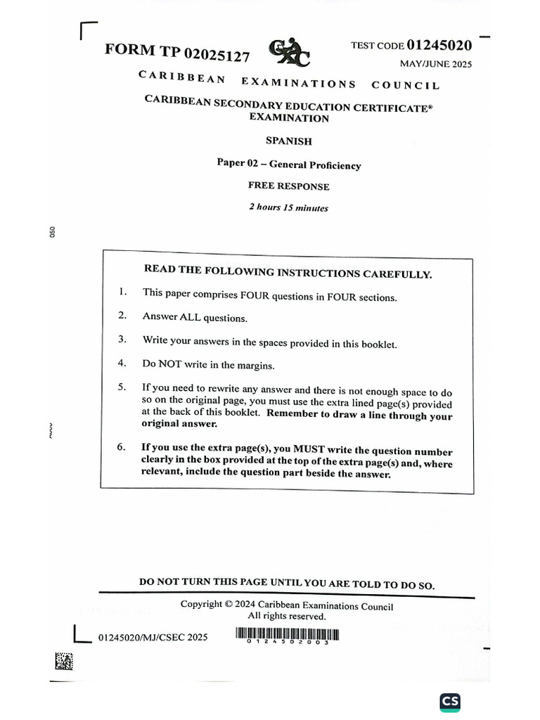 CSEC Spanish Paper 2 - June 2025-1 | PDF