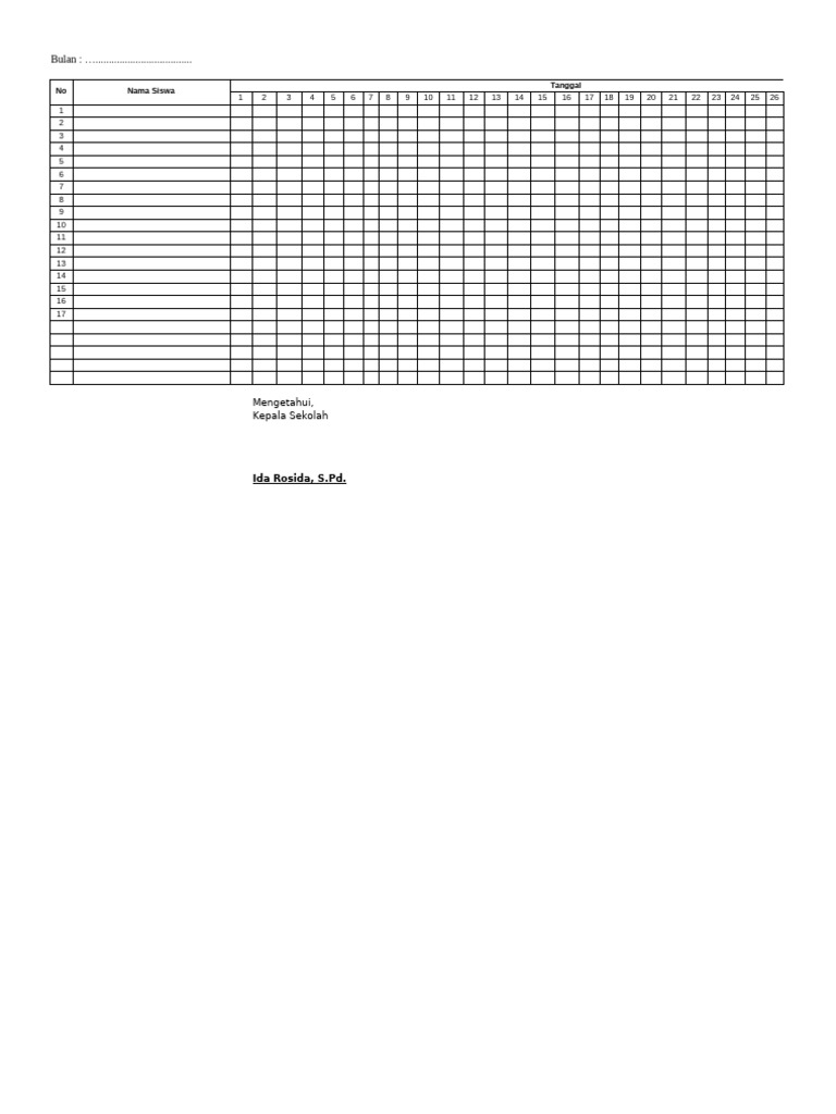 Daftar Kehadiran Siswa Bulanan | PDF