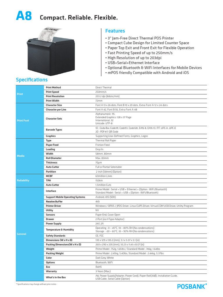 Beyond Posbank Pos Printer A8 Datasheet en | PDF | Printer (Computing) | Usb